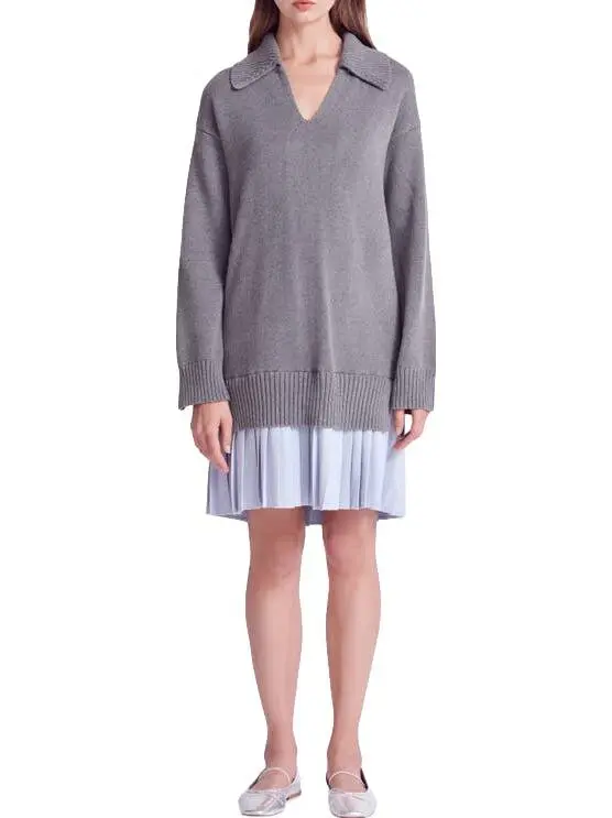 English Factory Mixed Media Pleated Mini Dress - Grey/powder Blue