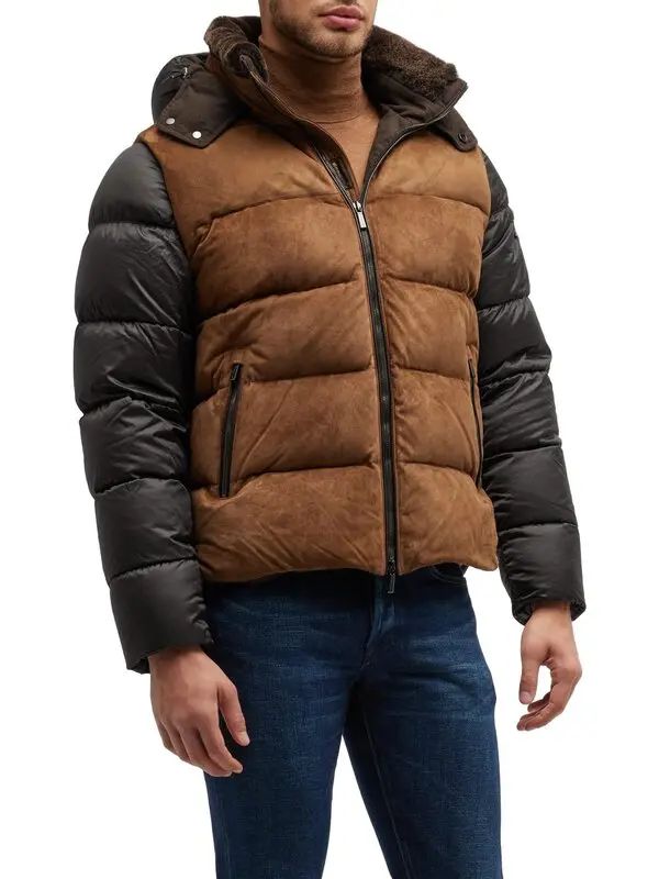 MOORER Suede Bomber Jacket With Removable Sleeves - Dark Brown
