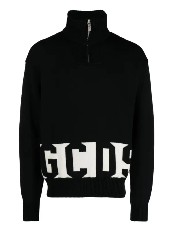Gcds Intarsia-knit Half-zip Jumper - Black