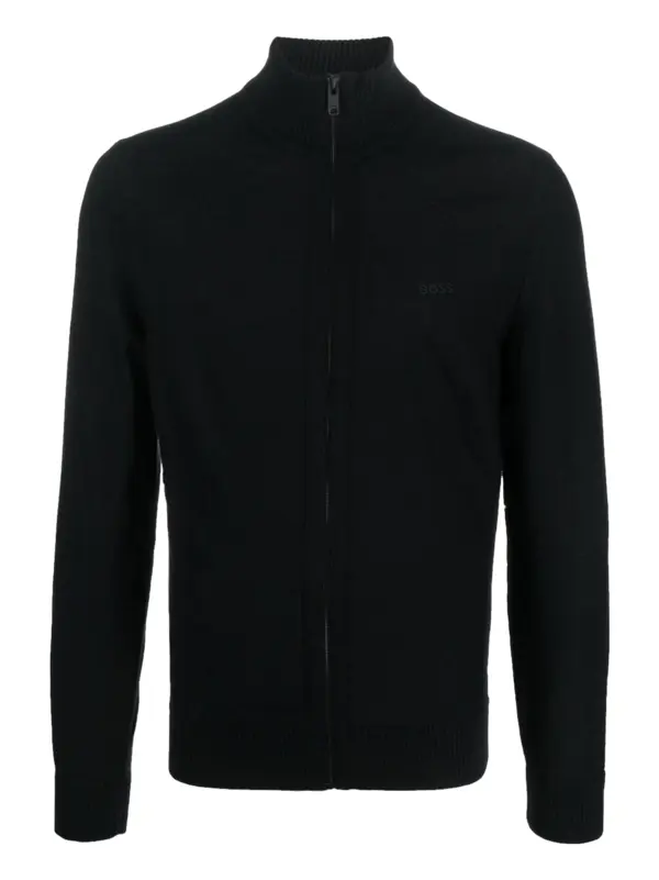 Hugo Boss Logo-embroidered Zip-up Cardigan - Black