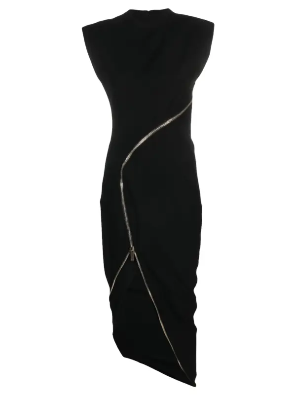 GENNY Zip-up Asymmetric Midi Dress - Black