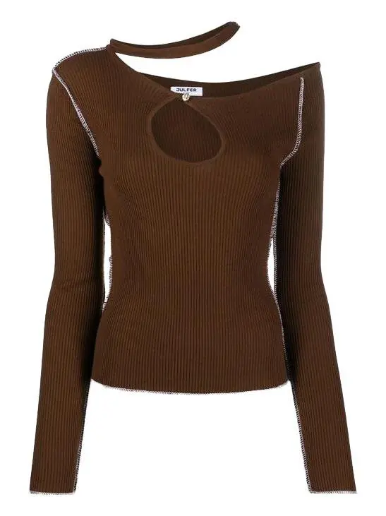 JULFER Ribbed Knit Cold-shoulder Top - Brown