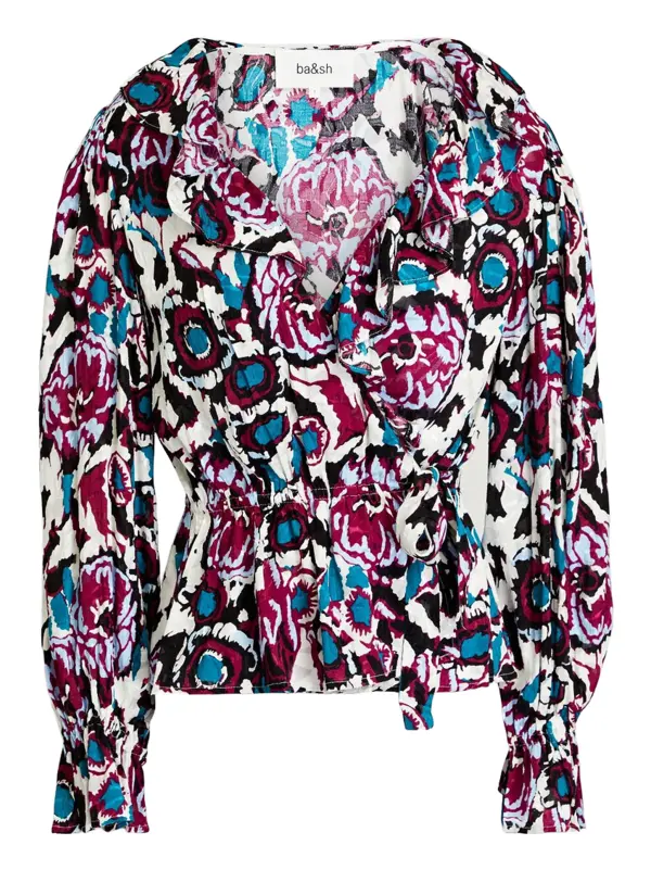 Ba&sh Ruffled Printed Jacquard Wrap Top - Plum