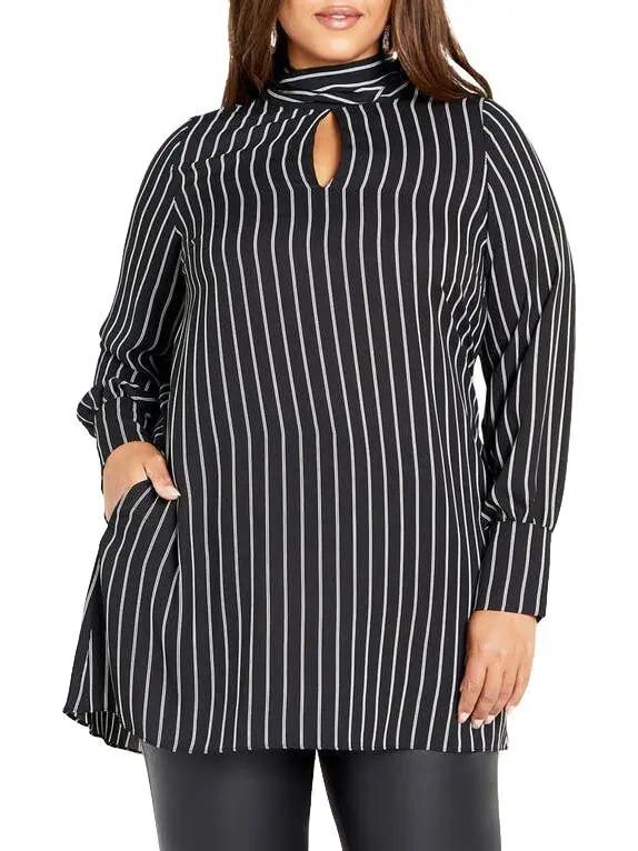 City Chic Illusion Stripe Tunic Top - Black White Stripe