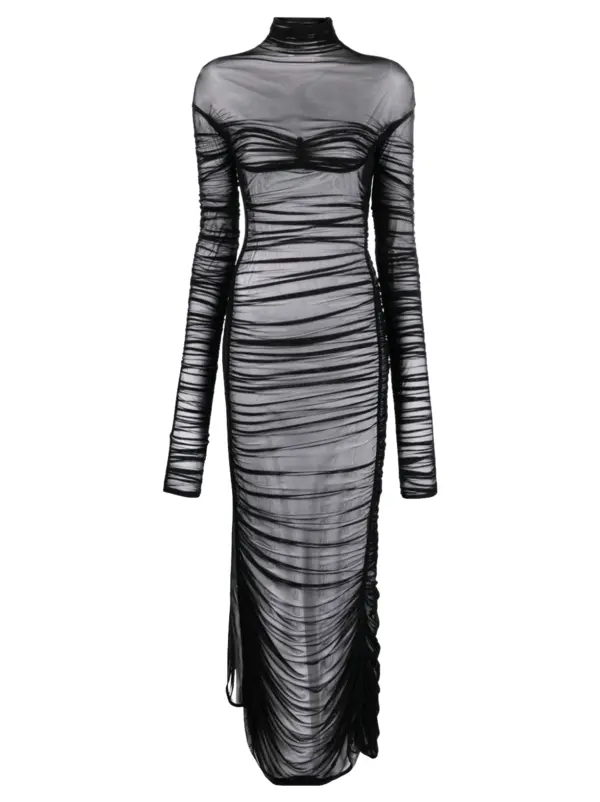 MUGLER Fishnet Ruched Maxi Dress - Black