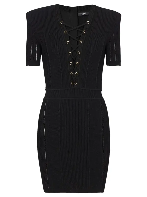 Balmain V-neck Lace-up Minidress - Black