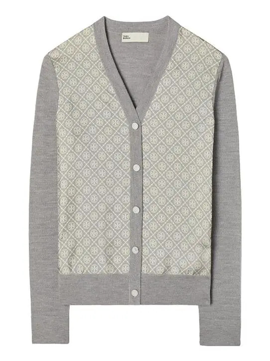 Tory Burch Silk Front Cardigan - Shadow Gray Melange T Monogram Mini