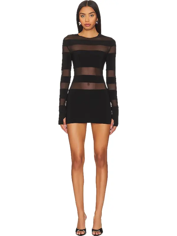 Norma Kamali Spliced Long Sleeve Pickleball Dress - Black & Black Mesh