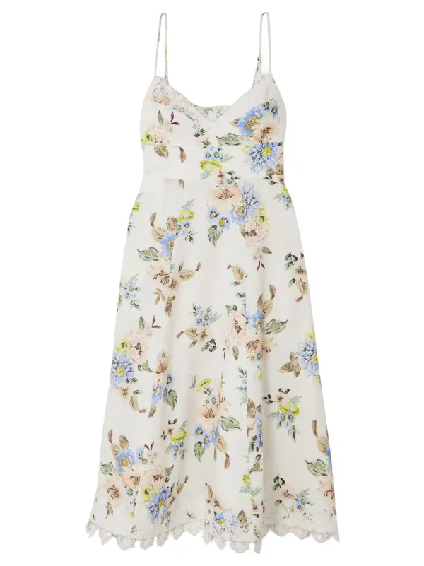 Zimmermann Guipure Lace-trimmed Floral-print Linen Midi Dress - Blue