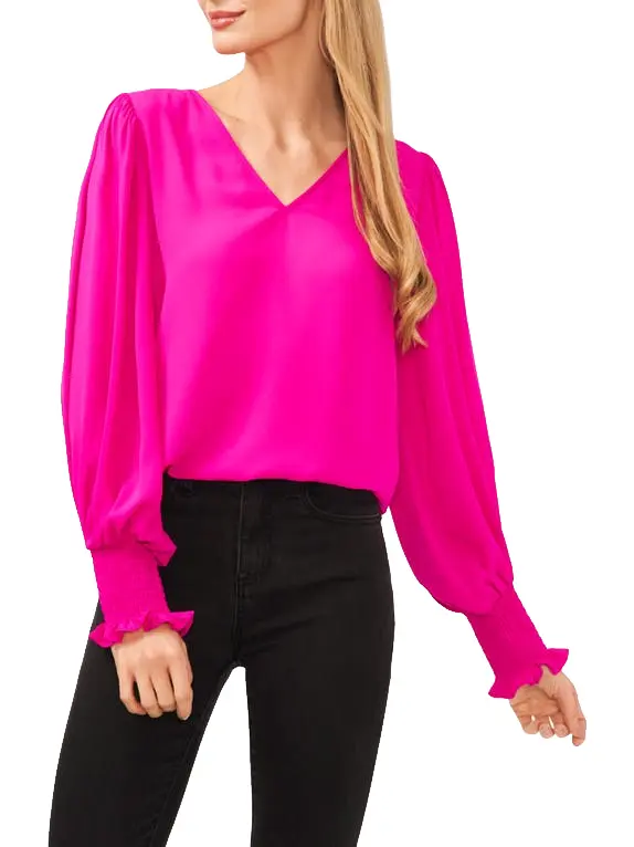 CECE DUPRAZ Smocked Cuff V-neck Top - Fiercely Fuchsia