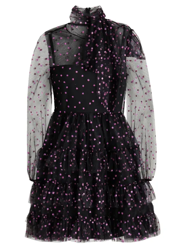 Red Valentino Tiered Glittered Tulle Mini Dress With Pussy-bow - Black