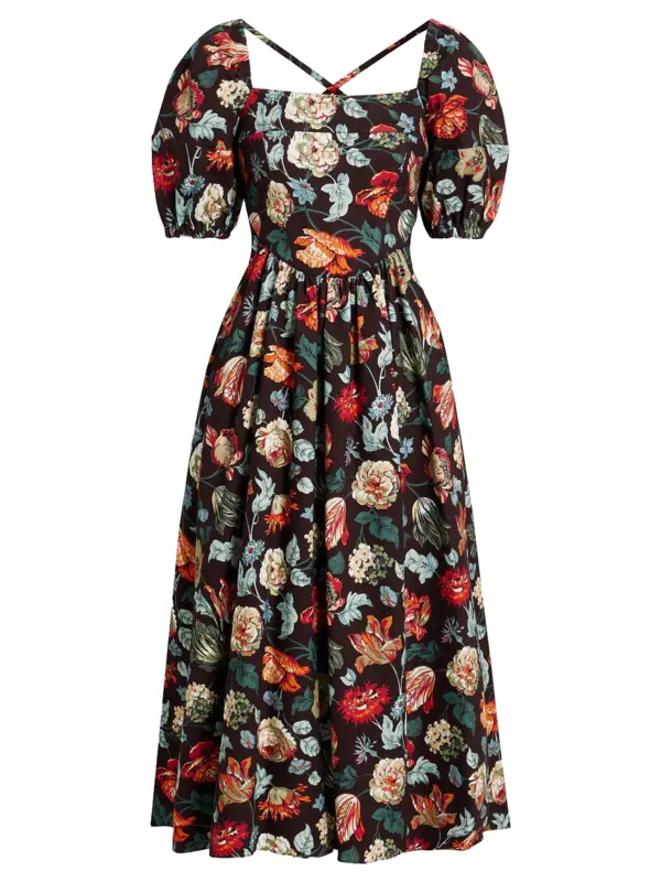 Rosetta Getty Floral-print Cotton-twill Midi Dress - Dark Brown