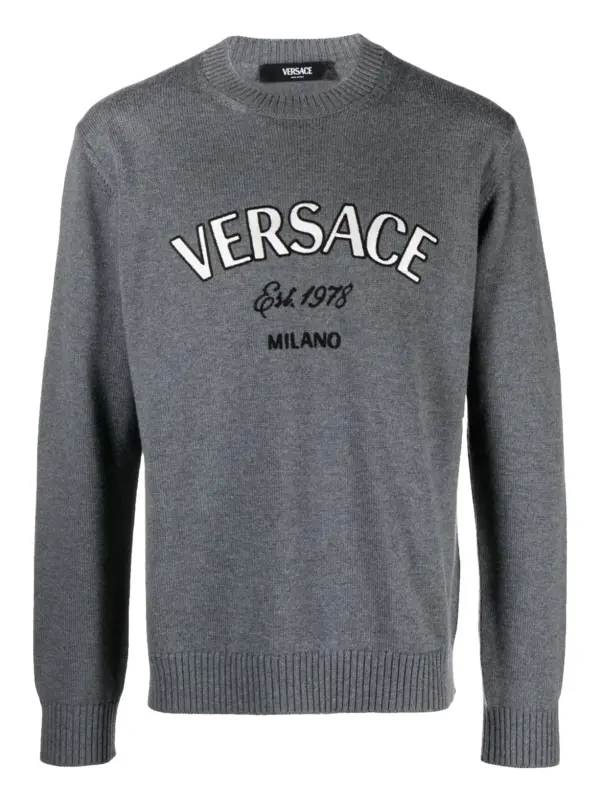 Versace Milano Stamp Embroidered Wool Jumper - Grey