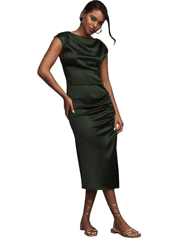 forest green satin midi dress Fitted & Flawless Spaghetti Strap Gown – The Dress Shop of Edmore main image 0