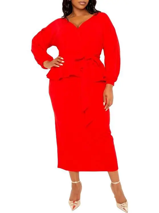BUXOM COUTURE Convertible Shoulder Belted Peplum Midi Dress - Red