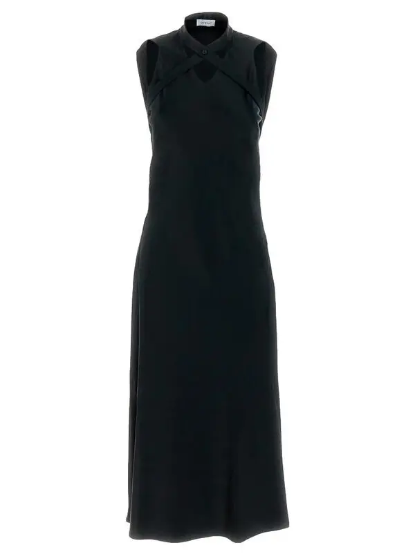 Off-White Satin Long Dress - Black