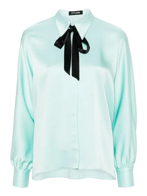 STYLAND Bow-collar Crepe Shirt - Blue