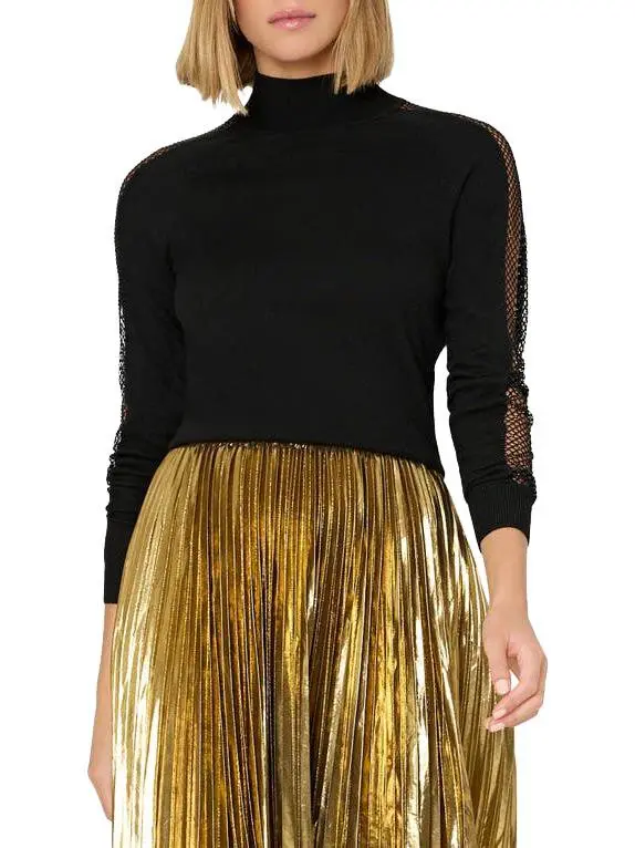 MILLY Embellished Mesh Panel Mock Neck Sweater - Black