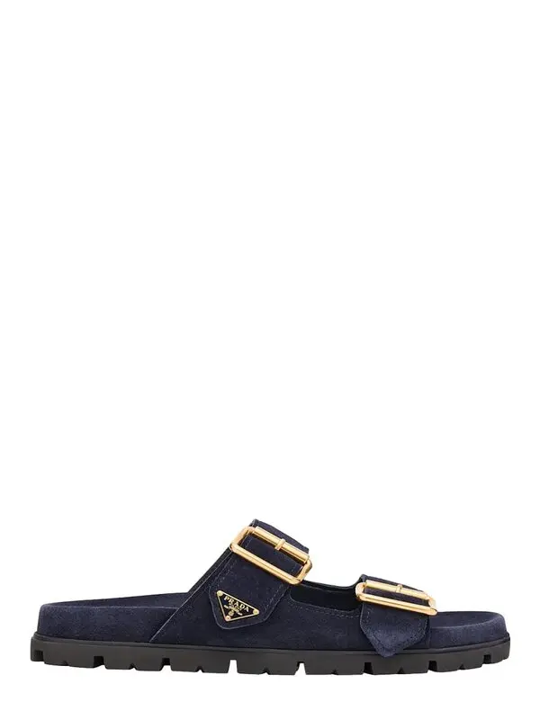 Prada Suede Double-buckle Slide Sandals - Bleu