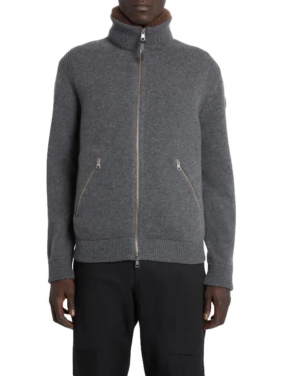 Moncler Wool Down Cardigan With Shearling Trim - Silver Gray Melange