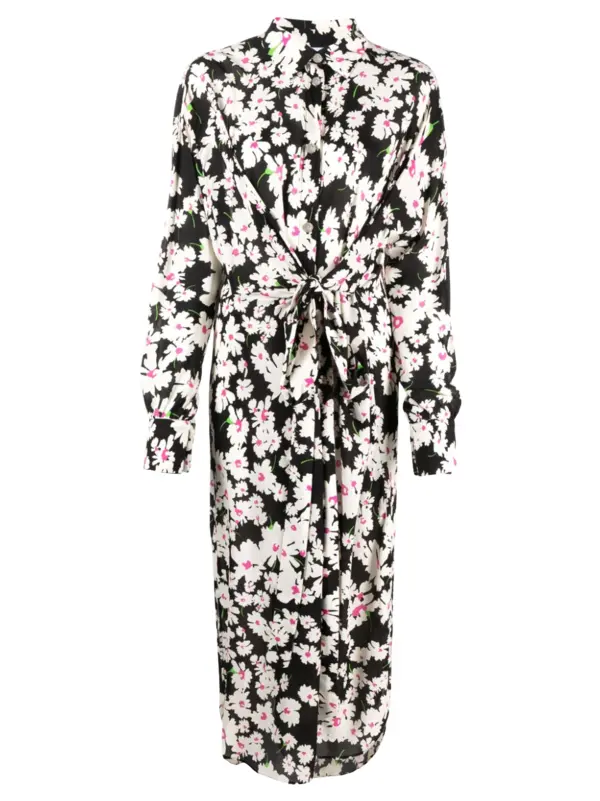 MSGM Floral-print Tie-fastening Cady Midi Dress - Black