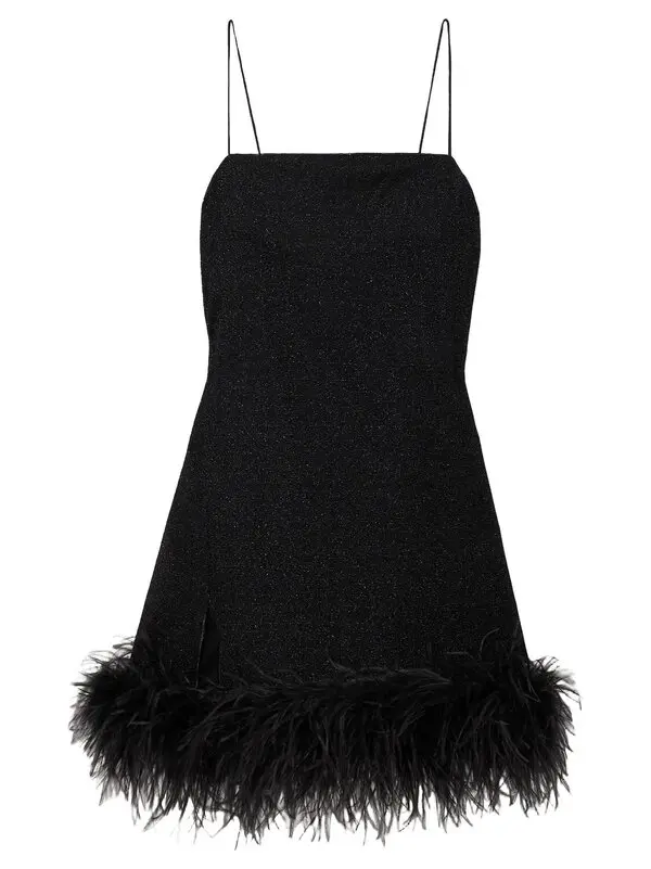 Oseree Lumière Feather-trimmed Mini Dress - Black