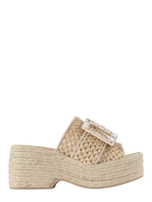 ROGER VIVIER Crystal-embellished Raffia Platform Mules - Neutrals