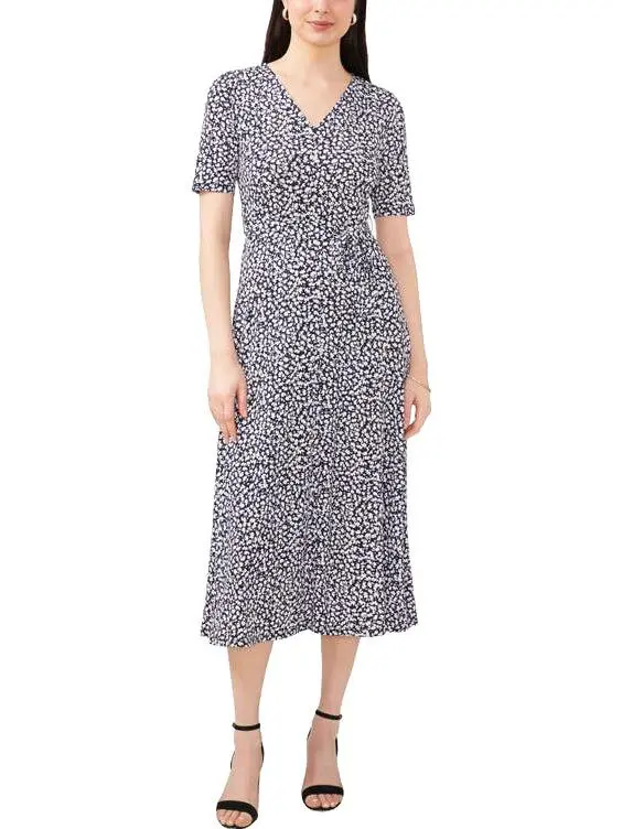 Chaus Floral Belted V-neck Midi Dress - Navy/white 462