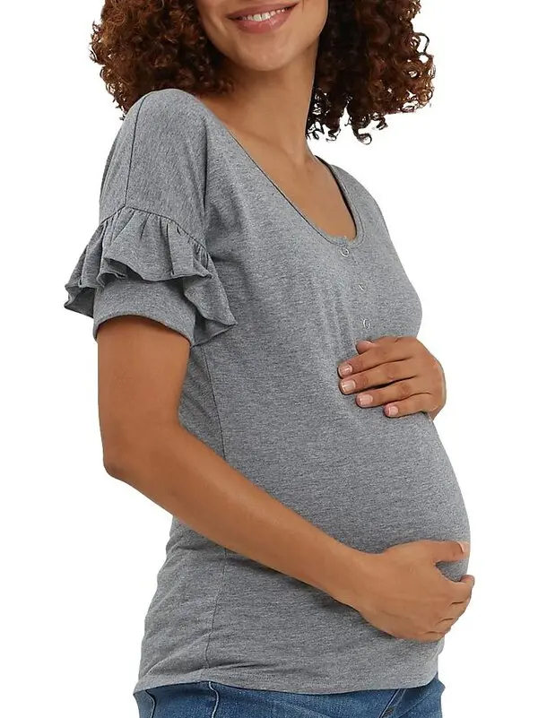 NOM MATERNITY Maria Ruffle Nursing Top - Heather Grey