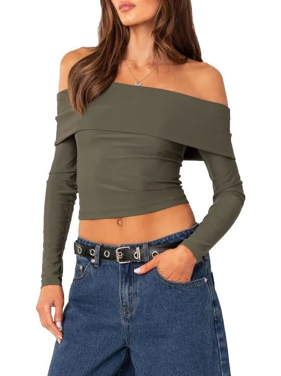 EDIKTED Brea Foldover Crop Top - Olive