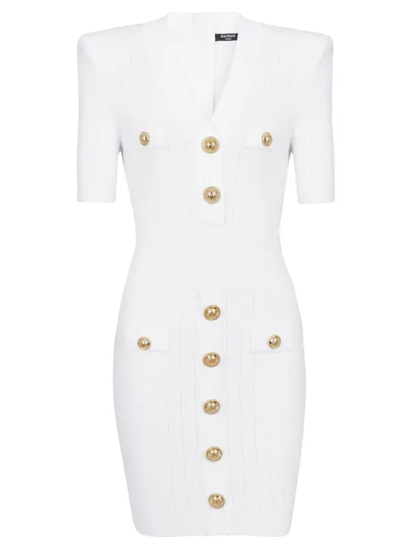 Balmain Knitted Mini Dress With Gold-tone Buttons - White