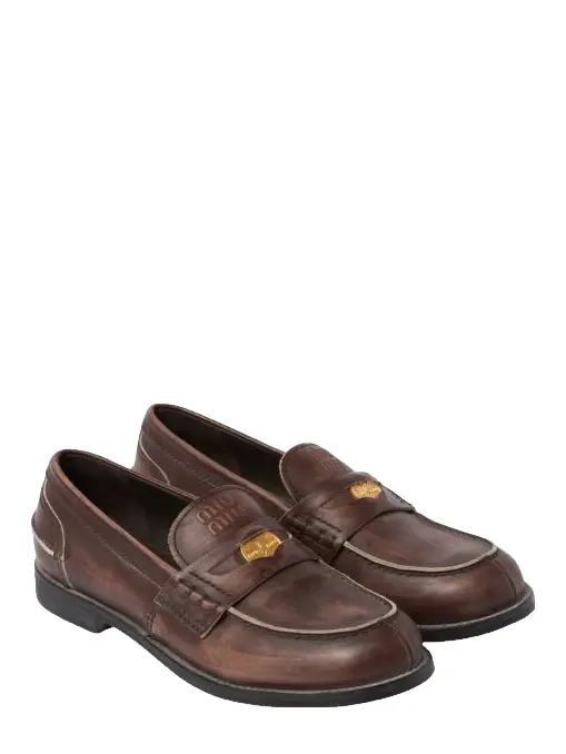 Miu Miu Vintage-effect Leather Penny Loafers - Ebony