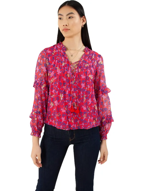 Hale Bob Bermai Foiled Lace-up Top - Red