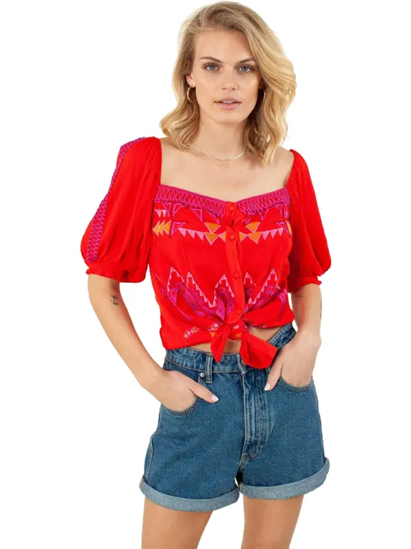 Hale Bob Westina Embroidered Top - Orange / Red