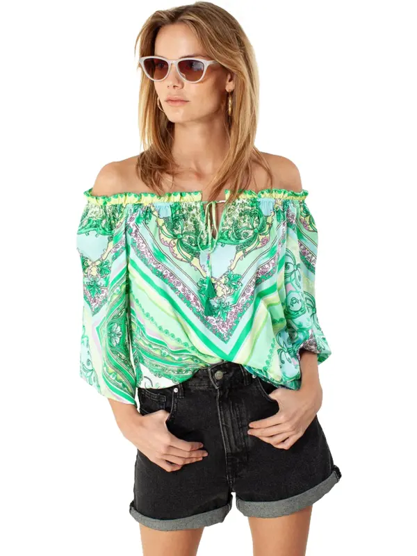 Hale Bob Lolita Silk Off-shoulder Top - Green