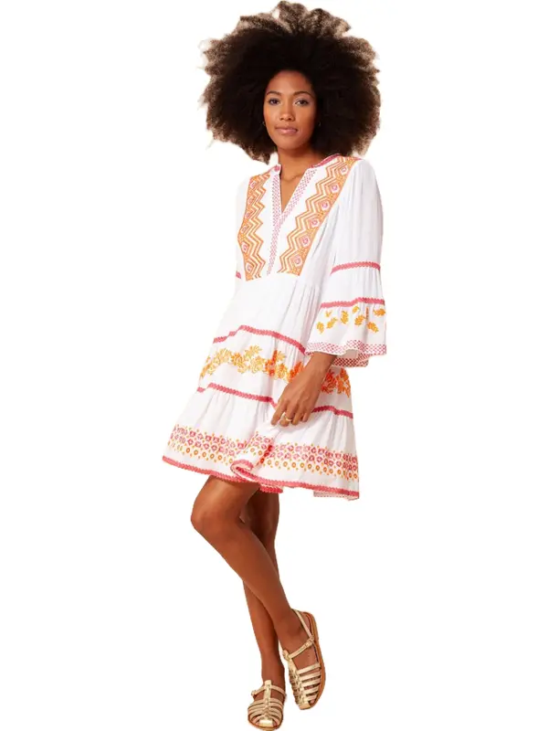 Hale Bob Taliah Embroidered Crinkle Gauze Dress - Red / Orange