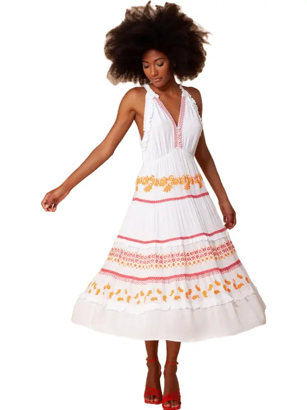 Hale Bob Becky Embroidered Crinkle Gauze Midi Dress - Red / Orange