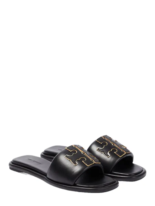 Tory Burch Double T Leather Slides - Black