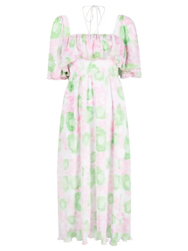 GANNI Smocked Waist Printed Midi Dress - Pink