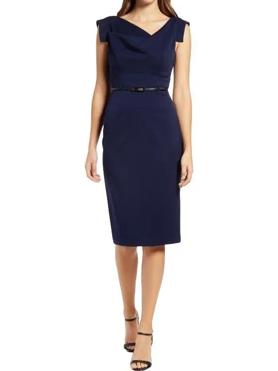 Black Halo Jackie Belted Stretch Gabardine Sheath Dress - Eclipse