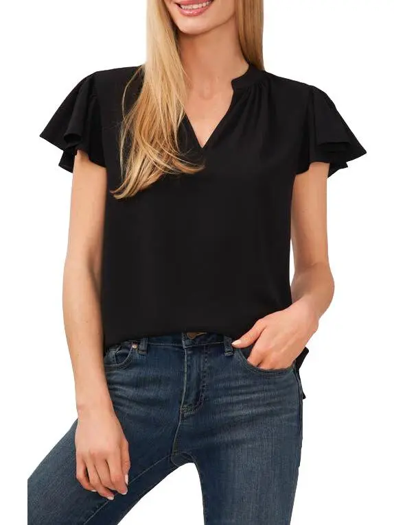 CECE DUPRAZ Flutter Sleeve V-neck Top - Rich Black