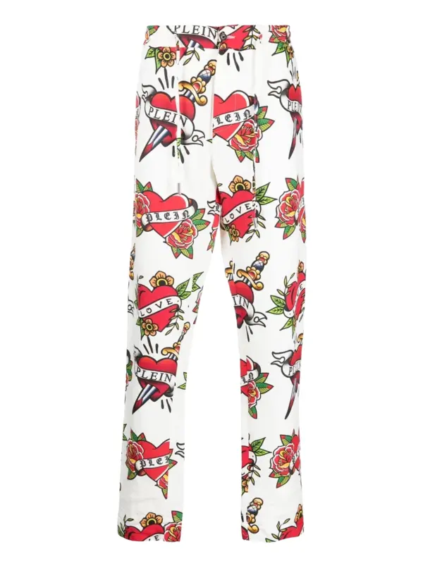 Philipp Plein Heart-print Linen Trousers - White