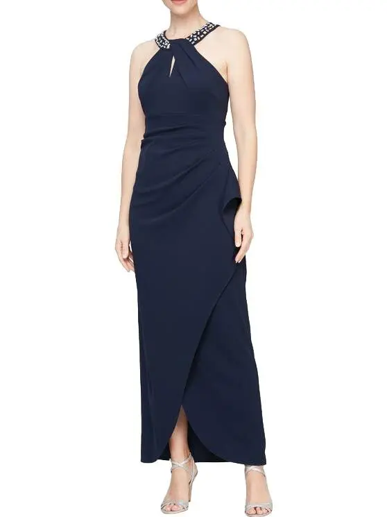 SL FASHIONS Crystal Embellished Halter Neck Tulip Maxi Dress - Navy