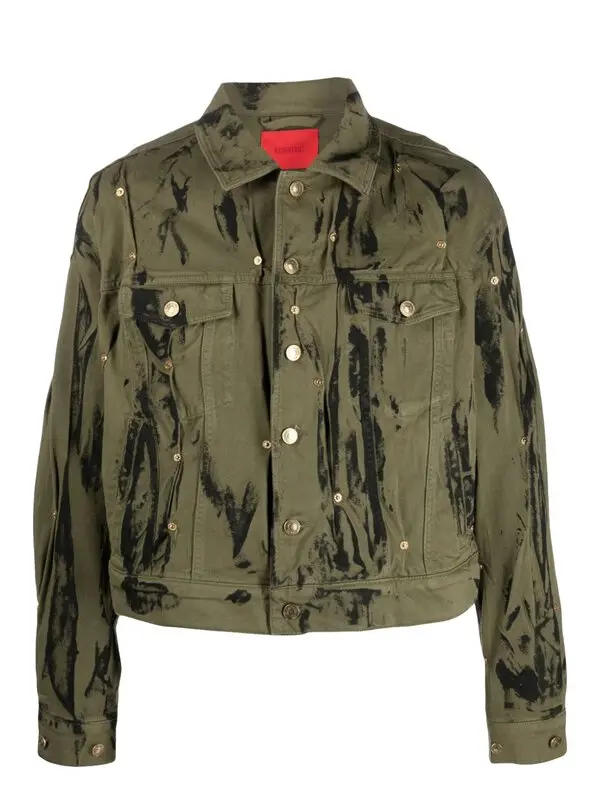 KUSIKOHC Stud-embellished Distressed Denim Jacket - Green