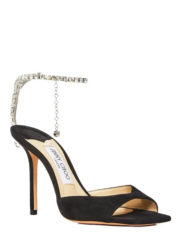 JIMMY CHOO Saeda 100 High Heel Sandals - Black Suede/crystal