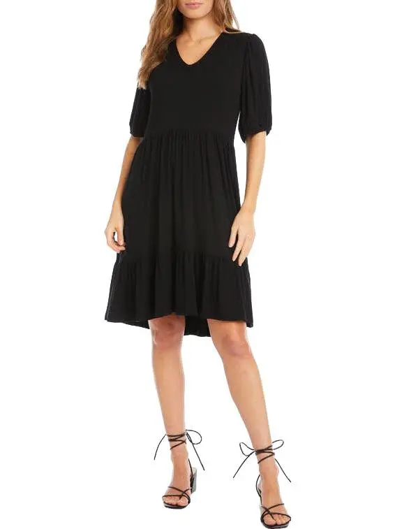 Karen Kane Tiered Puff Sleeve A-line Dress - Black
