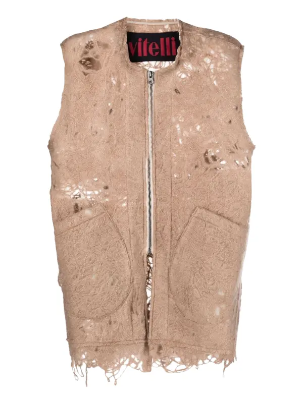 VITELLI Distressed-effect Zip-up Vest - Neutrals