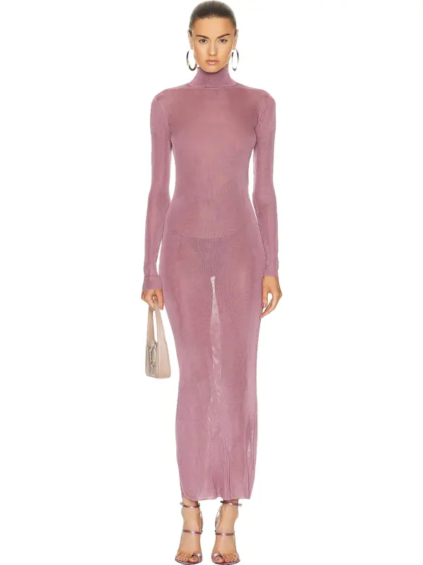 Saint Laurent Mock Neck Long Sleeve Dress - Mauve