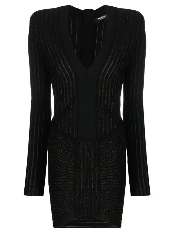 Balmain Ribbed V-neck Mini Dress - Black