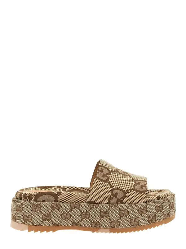 Gucci Angelina Gg Canvas Flatform Slide Sandals - Beige Ebony